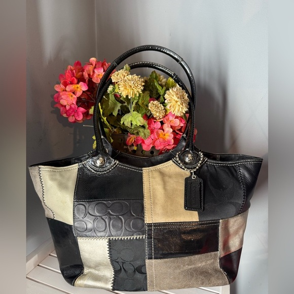 Coach | Bags | Coach Bleecker Black Leather Suede Patchwork Tote Euc ...